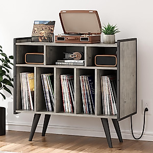 IDEALHOUSE Record Player Table Stand, Grey Record Album Storage Cabinet with Power Outlet, Large Wooden Turntable Stand for Living Room, Bedroom, Office