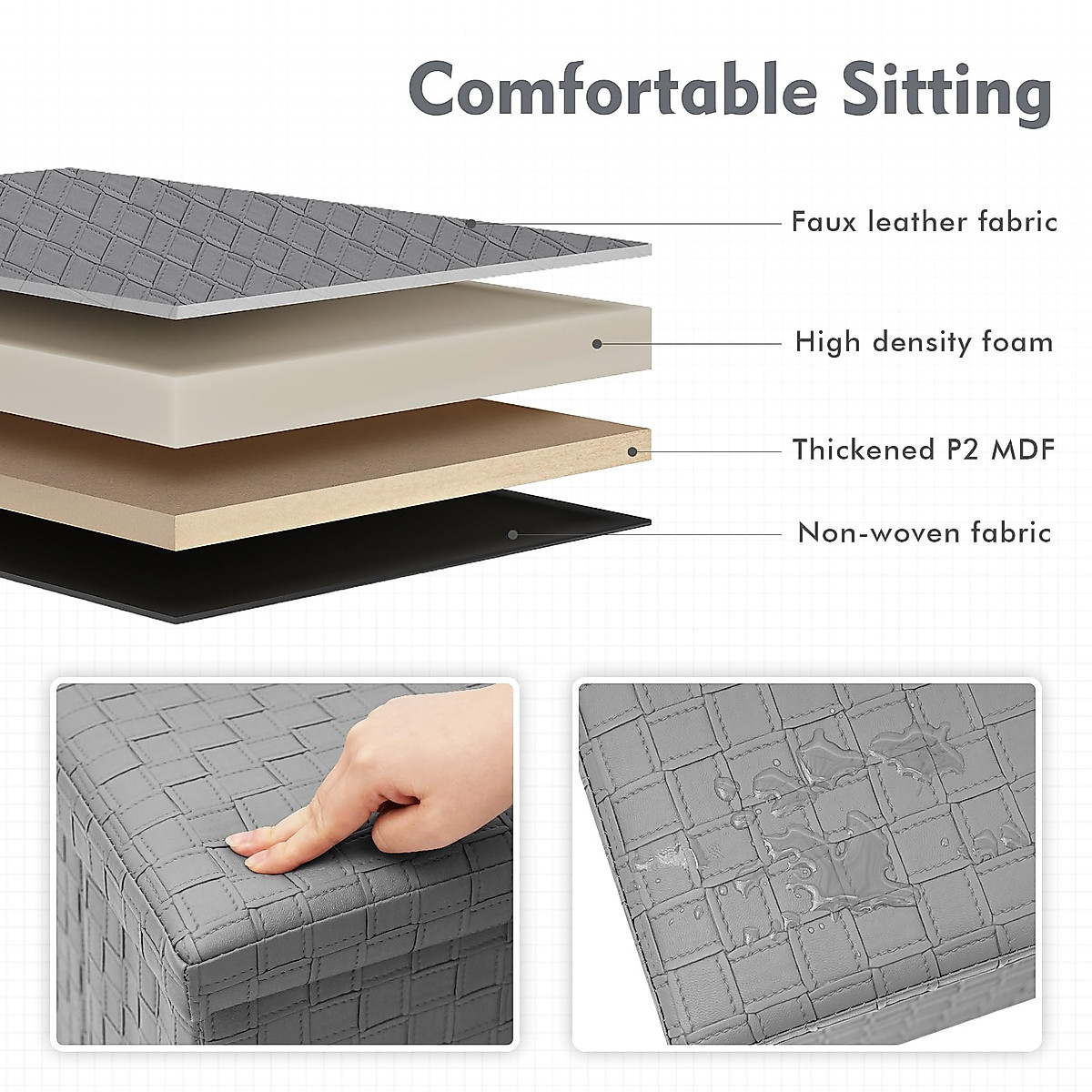 B FSOBEIIALEO Storage Ottoman, Faux Leather Footrest Seat, Ottoman with Storage Cube Toy Box Chest, 15"x15"x15" (Grey, Medium)