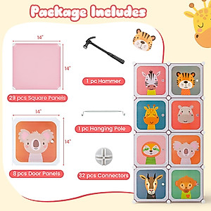 Costzon Kids Closet, Cartoon DIY Modular Dresser Storage Organizer with 8 Cubes & Clothes Hanging Rack, Portable Armoire for Baby Toddlers, Kids Wardrobe for Bedroom Nursery, Pink