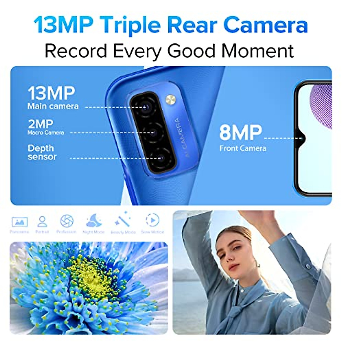 Ulefone Note 12 Unlocked Cell Phone, 4G Unlocked Smartphone, 6.82” Ultra-Large Screen with Slim Structure, 7700mAh Battery, 4+128GB, 3-Card Slot, Face Unlock/Fingerprint Recognition, Blue