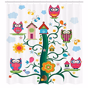 Ambesonne Owl Shower Curtain, Owls in The Tree with Crazy Eyes Mosaic Dots Magic in The Air Nocturnal Wise Mascot, Cloth Fabric Bathroom Decor Set with Hooks, 69" W x 70" L, Multicolor