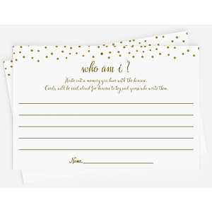 Who Am I? - Favorite Memory Game - Gold Confetti (50-cards) Bridal Showers, Baby Showers, Weddings, Anniversary Parties, Retirement, Milestones, Any Occasion