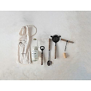 Creative Co-Op Stainless Steel Rattan Wrapped Handles, Set of 4 in Printed Drawstring Bag Bar Tools, 10" L x 1" W x 1" H, Multicolor