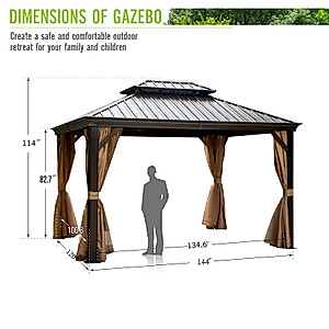 MFSTUDIO 10' x 12' Hardtop Gazebo with Curtains and Netting,Outdoor Polycarbonate Double Roof Canopy, Aluminum Frame Permanent Pavilion for Patios,Gardens,Lawns (Brown)