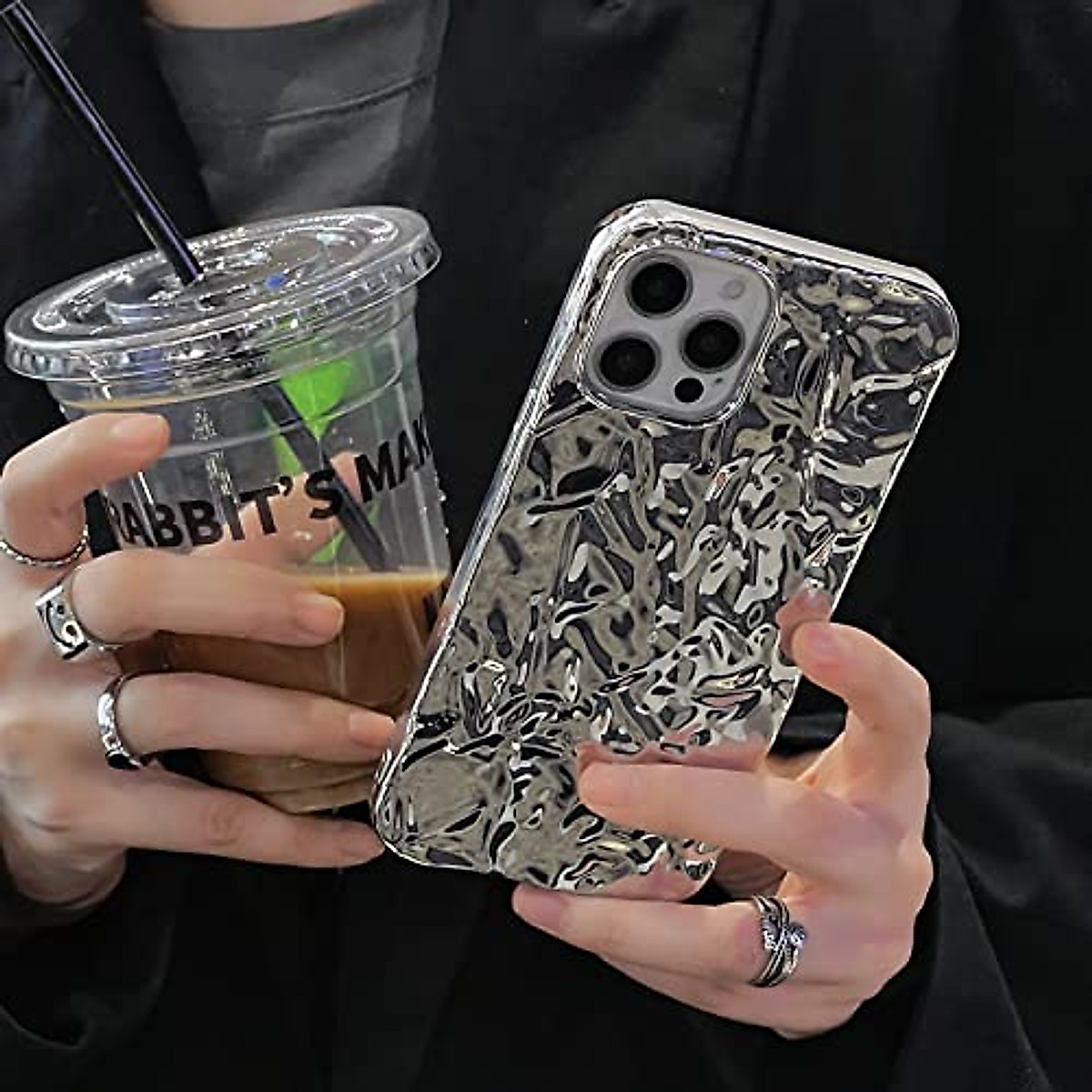 Shinymore iPhone 13 Pro Max Glitter Case, Fashion Bling Glitter Silver Cute Soft Silicone Tin Foil 3D Pleats Women Girls Shockproof Soft Case Cover for iPhone 13 Pro Max