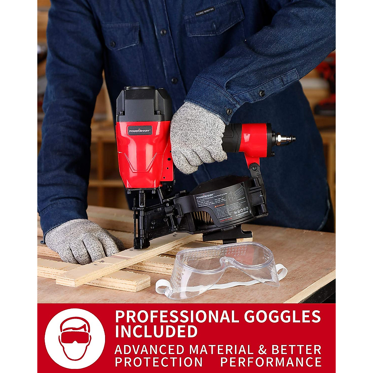 PowerSmart Roofing Nailer, 15 Degree Roofing Nail Gun with Safety Goggles, 3/4-Inch to 1-3/4-Inch Coil Nails, 120 PCS Load Capacity Coil Nailer Kit with 240 PCS Nails