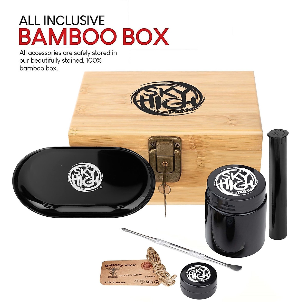 Sky High Dream Smell Proof Wooden Storage Box with Lock and Key - Odorless Portable Storage Case for Accessories - Includes Lock and Key, Storage Jar and Tube, Tray, Resealable Bag, and More