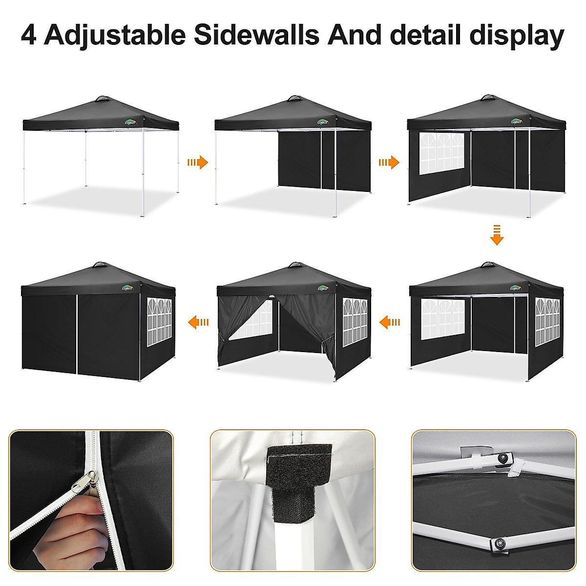 COBIZI 10x10 Ez Pop Up Canopy Tent with 4 Sidewalls Commercial Instant Gazebo Tents for Parties,Waterproof Adjustable Outdoor Patio 10x10 Heavy Duty Canopy Party Tent with 4 Sand Bags,8 Stakes(Black)