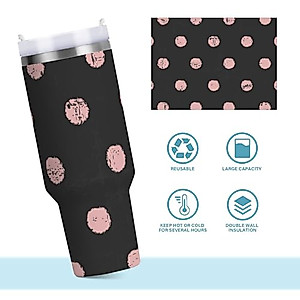 Stainless Steel Tumblers 40 Oz with Straw and Handle, Pink Polka Dots Black Vintage Travel Coffee Tumbler