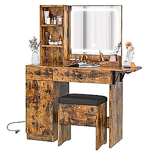 IRONCK Vanity Desk with LED Lighted Mirror & Power Outlet, Makeup Table with Drawers & Cabinet,Storage Stool,for Bedroom, Vintage Brown