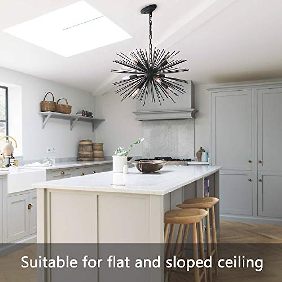 GOMUNIN Astra Sputnik Satellite Pendant Light 9-Light Black Chandelier Mid Century Starburst Chandelier for Living Room Bedroom Hallway Dining Room Kitchen Island, 23in Wide, Solid Metal 12LB