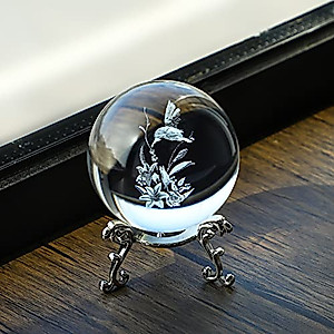 HDCRYSTALGIFTS 3D Hummingbird Crystal Ball Paperweight 60mm(2.3Inch) Laser Engraved Glass Sphere Display Globe Meditation Ball Home Decor with Metal Stand