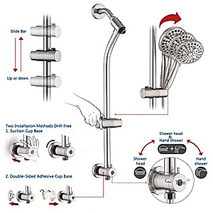 UCLIMAA Rainfall Shower Head with Handheld Shower Spray, with 26" Drill Free Adjustable Height Slider Bar, High Pressure Dual Shower Head Combo, 3-Way Diverter for Easy Reach, 5Ft Hose-Brushed Nickel