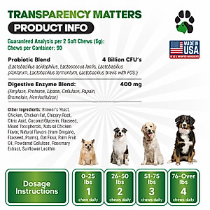Probiotics for Dogs All Ages - Dog Probiotics for Digestive Health - Digestive Enzymes for Gut Flora, Diarrhea & Bowel Support - Gut Health Support Prebiotics for Dogs - 90 Probiotic Chews for Dogs