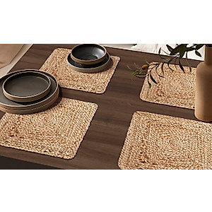 Jute Placemat,Placemat,Braided Placemats,Round Placemats Set of 4,100% Jute Braided Placemats Set of 4 Reversible (Natural 13x13 Square) Farmhouse Vintage Jute Placemats for Dining Table
