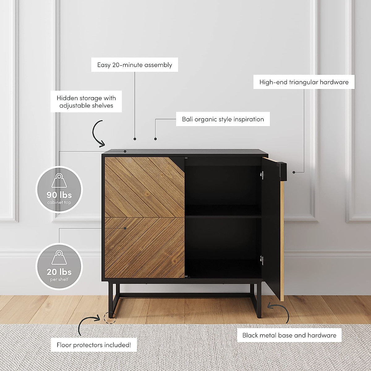 Nathan James Wood Accent Modern Free Standing Buffet Sideboard Hallway, Entryway, Dining Living Room, 1 Storage Cabinet, Enloe - Walnut Brown/Black
