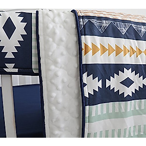 Baby Boy Crib Bedding Arizona Woodland Tribal Aztec Buck Nursery Crib Skirt Set Minky Blanket Navy Crib Sheet Crib Rail Bedding Set (Navy Aztec Buck, 3 Pieces Set)