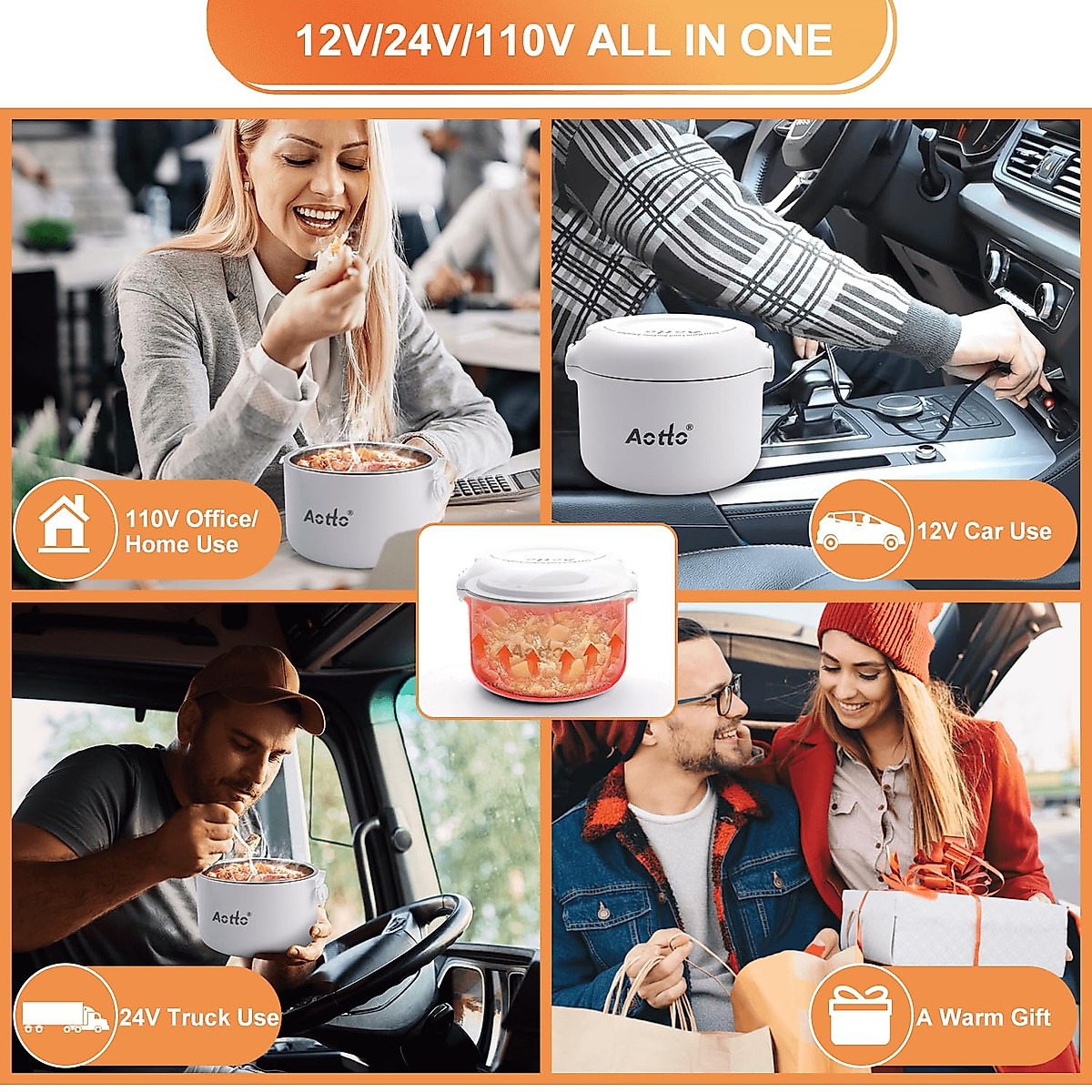 Aotto Electric Lunch Box, 50/70/80W 3 in 1 Portable Food Warmer Heated Lunch Boxes for Adults, Food Heater for Car/Truck/Travel/Office/Work/Home 12V 24V 110V Mini 32oz Leakproof, White