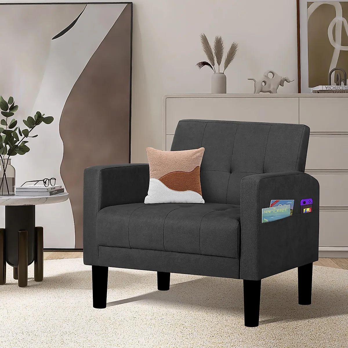 TYBOATLE Accent Chair, Living Room Chairs, Cozy Tufted Mid Century Modern Accent Chairs with Arms for Bedroom, Comfy Reading Arm Chair,Small Chairs for Small Spaces,Living Room,Office (1, Dark Grey)