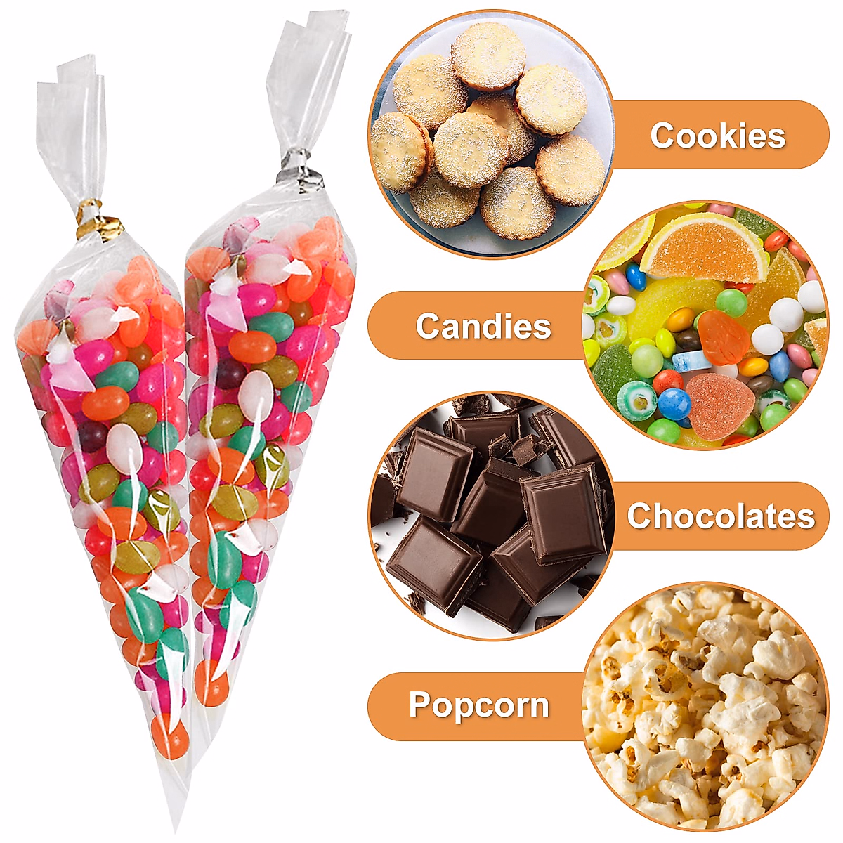 SBYURE 200 Pcs Clear Cone Shaped Treat Bags Cellophane Triangle Candy Bags with 200 Twist Ties for Favor Candy Popcorn Handmade Cookies Sweets Crafts,15'' x7''