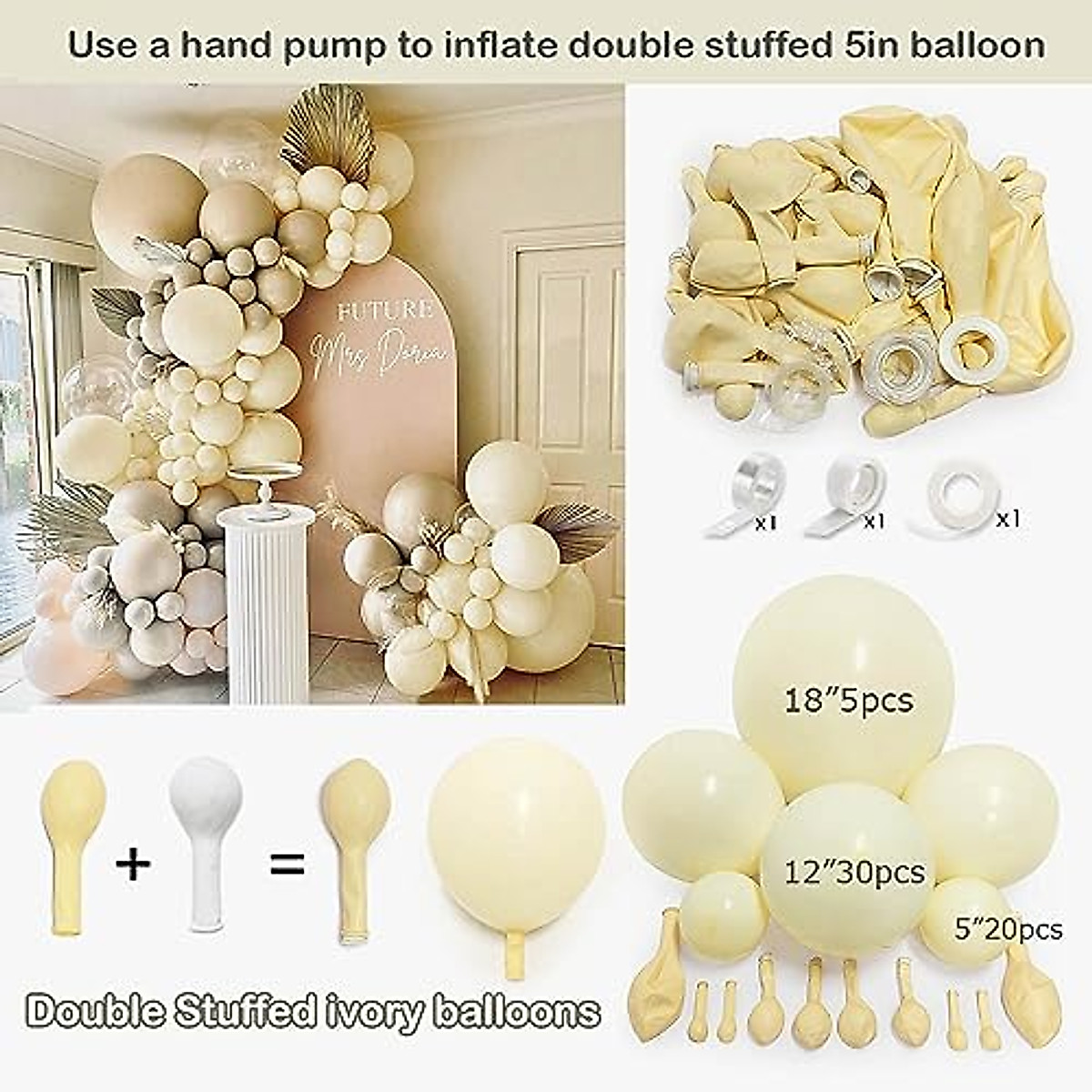 Ivory Balloon Garland - Double Stuffed Cream Beige Balloons Different Sizes 18/12/5 in Pastel Nude White Sand Balloon Arch Kit for Baby Shower Bridal Wedding Birthday Party Decoration