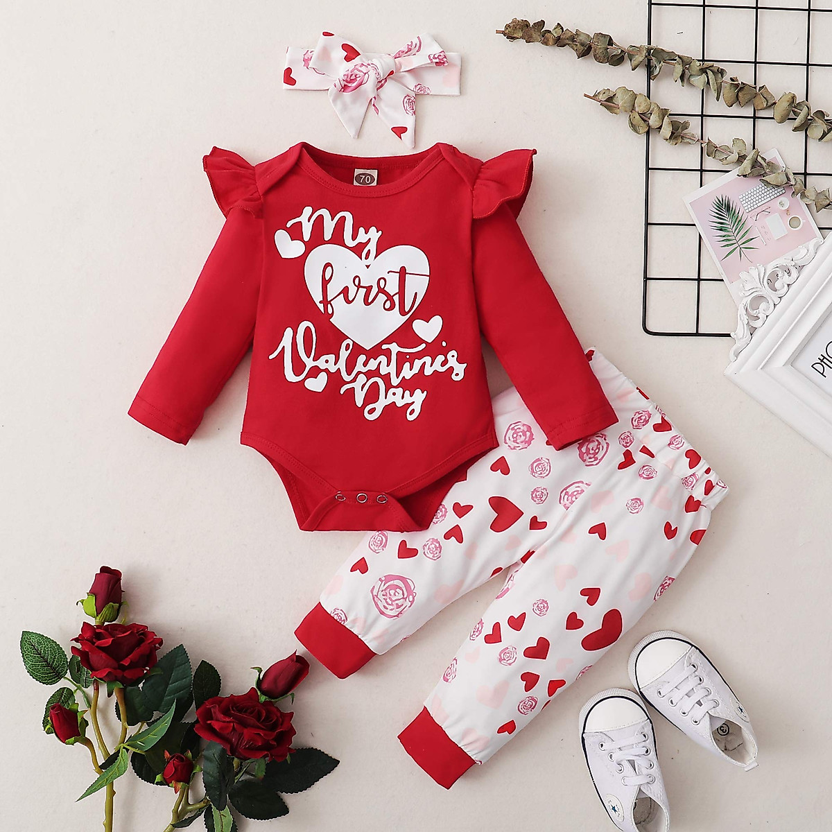 NZRVAWS Baby Girl Valentines Day Outfit Newborn Girl My First Valentine’s Day Outfits Infant Girl Valentines Clothes