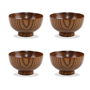Wood Bowl Japanese Style Solid Wood Bowl Serving Tableware for Rice, Soup, Dip, Coffee, Tea, Decoration 4 Pcs (4 bowls + 4 spoons)