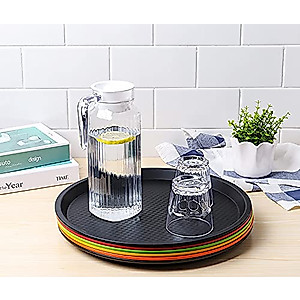 Yesland 6 Pack Restaurant Serving Trays, 11 Inch Non-Slip Tray Ottoman Tray, Plastic Coffee Table Circle Tray with Raised Edges for Breakfast, Drinks, Snack for Coffee Table, Dining Table, Black