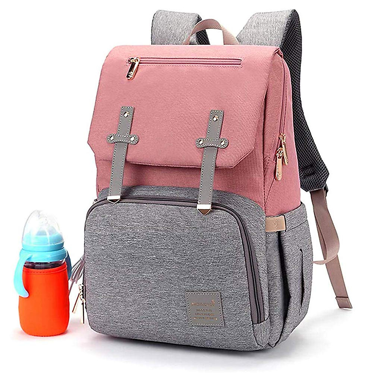 Loodial Diaper Bag Backpack with USB Charging Port for Bottle Warmer, Multifunction Travel Back Pack Maternity Baby Nappy Bags, Large Capacity, Waterproof and Stylish, Grey-Pink