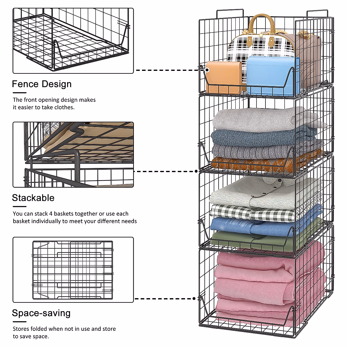 Jakyitvi Stackable Closet Organizers and Storage Bins 4 Pack, Folded Drawer Shelf Organizer for Closet Wardrobe, Sturdy Metal Clothes Storage Container for Clothes Pants Sweaters, Black