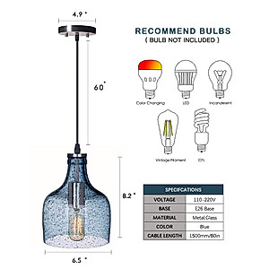 CASAMOTION Pendant Lights Kitchen Island Table Hand Blown Blue Glass Pendant Lighting Dining Room Black Marble Seeded Modern Ceiling Hanging Fixtures Brushed Nickel 8.2 Inch Height 3 Pack