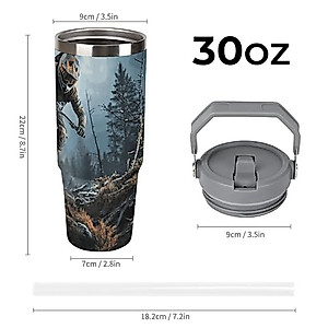 Mountain Bike Tournament 30oz Stainless Steel Insulated Tumbler with Straw & Foldable Handle - Leakproof, Double-Wall Vacuum Travel Thermos for Hot/Cold Drinks, Non-Slip Base, Fit Cup Holders