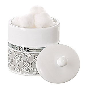 Creative Scents Mirror Damask Qtip Holder - Decorative Canister Jar, Durable Cotton Swab Ball Holder/Container - Beautiful Bathroom Vanity Accessories, Elegant Bath Accessories Storage (Gray & White)