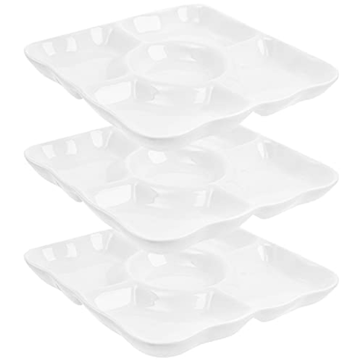 Okllen 3 Pack Porcelain Divided Serving Tray, White Appetizer Tray Platter for Chips and Dip, 5 Compartments Decorative Fruit Veggie Tray Candy Snacks Dishes, Square, 9.5" L x 9.5" W x 1" H