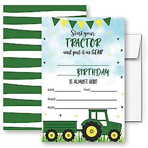 LoaHak Green Tractor Birthday Party Invitations Card For Kids, Tractor Party, Tractor Birthday Invitation. (084)