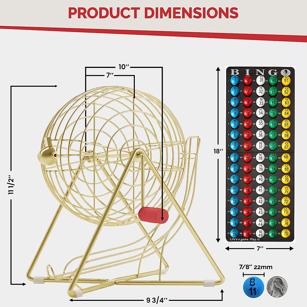 MR CHIPS 11" (Inch) Tall Professional Bingo Set with Steel Cage, Everlasting 7/8” Balls, Master Board for Balls - Luxury Gold Color
