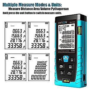 Laser Measure VYTOOV 196Ft Laser Distance Meter 2 Bubble Levels M/Ft/in Switching Laser Measurement Tool Measuring Distance, Area, Volume, Pythagoras, Large Backlit LCD, IP54 Dustproof & Waterproof