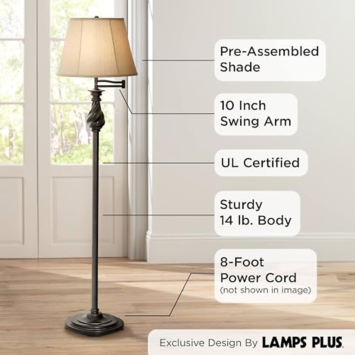 Regency Hill Traditional Adjustable Swing Arm Floor Lamp 58" Tall Painted Restoration Black Bronze Swirl Font Faux Silk Beige Drum Shade for Living Room Reading House Bedroom Family Home