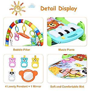 BABY JOY Baby Play Mat, Kick and Play Gym with Detachable Piano, Foot Gym Carpet Piano Fitness Rack, 4 Rattle Pendants and 1 Mirror, Ideal for Baby Room (Rainbow)
