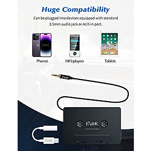 Elook 2023 Car Cassette Aux Adapter Kit, with Upgraded Smartphone to 3.5 mm Headphone Jack Adapter for Phone, MP3 ect. Black