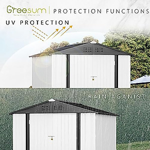 Greesum Metal Outdoor Storage Shed 8FT x 6FT, Steel Utility Tool Shed Storage House with Door & Lock, Metal Sheds Outdoor Storage for Backyard Garden Patio Lawn, White