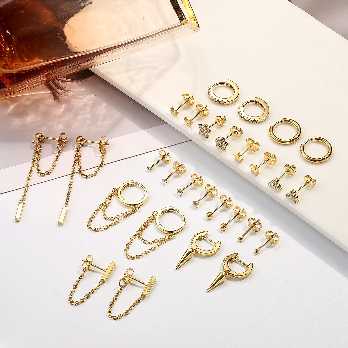 Sanfenly 14 Pairs Studs Earrings and Hoops Set Gold Plated Dangle Chain Earrings Mini Ball CZ Moon Star Flower Studs Huggie Hoop Earring for Women