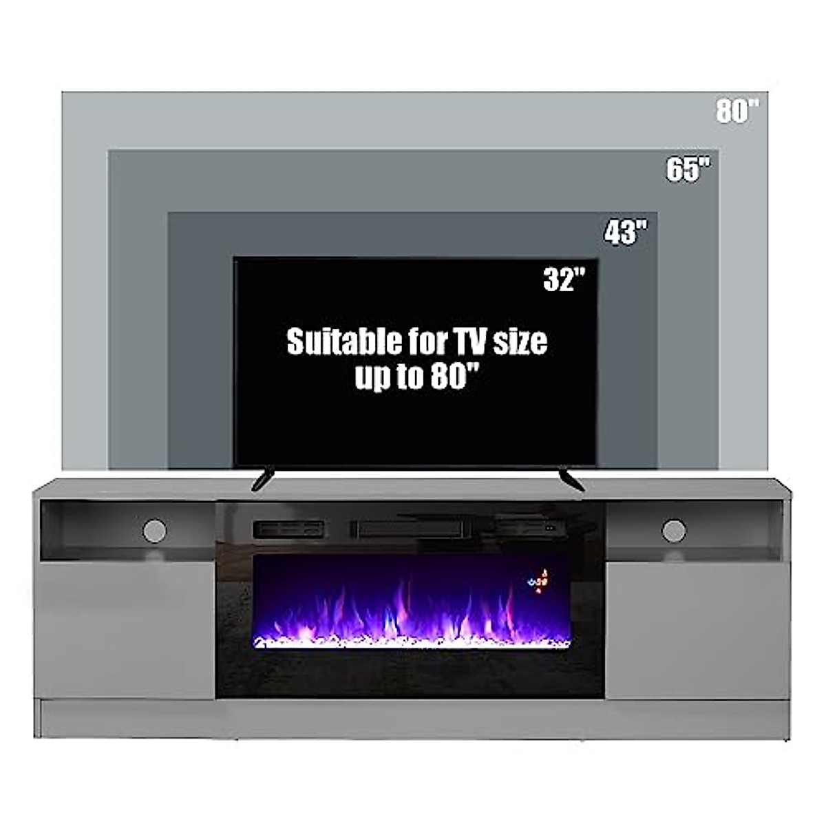 AMERLIFE TV Stand with Fireplace, LED Light Entertainment Center with 36" Electric Fireplace, 70" Modern Wood Entertainment Stand with Highlight Storage Cabinet for TVs up to 80", Grey