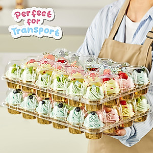 (24 Pack x 10 Sets) Gencywe Stackable Cupcake Carrier Holders with 240 Pack Cupcake Liners, Plastic Cupcake Boxes Holders for 24 Cupcakes, High Tall Dome Lid Cupcake Containers, Clear Disposable Cupcake Trays