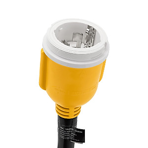 Camco Power Grip 18" Dogbone Extension Cord Adapter with 50-Amp Power Locking Male and 50-Amp 90-Degree Locking Female Ends for Electrical Connection