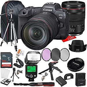 Canon EOS R5 Mirrorless Camera w/RF 24-105mm f/4 L is USM Lens + 64GB Memory + Back Pack Case + Tripod, TTL Flash, Filters, & More (28pc Bundle)