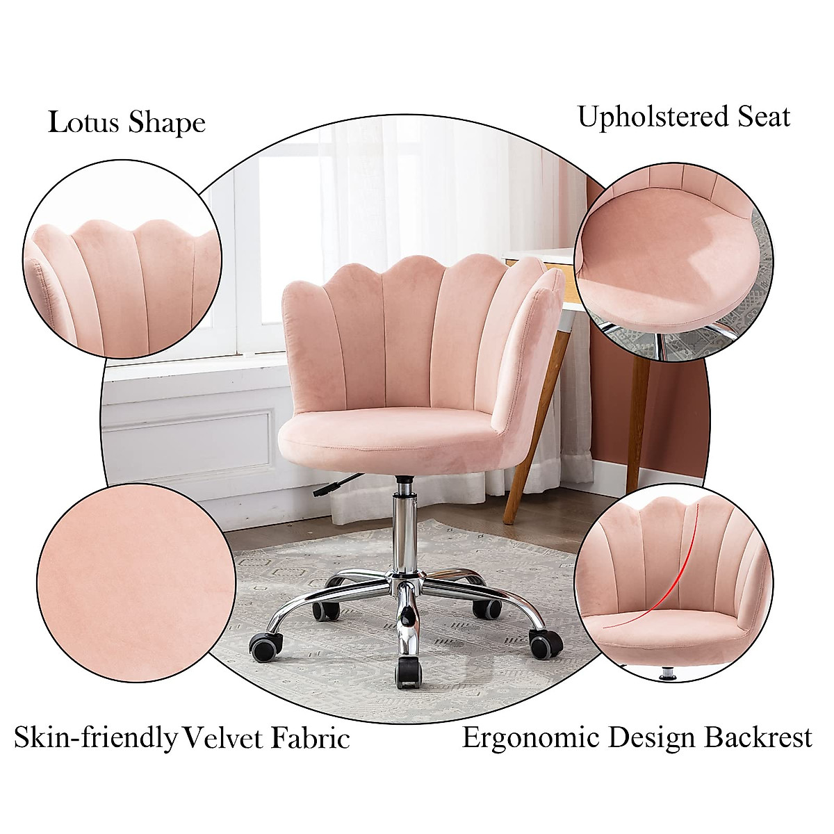 Yoluckea Modern Velvet Swivel Office Chair, Pink, Adjustable Height, Ergonomic Design