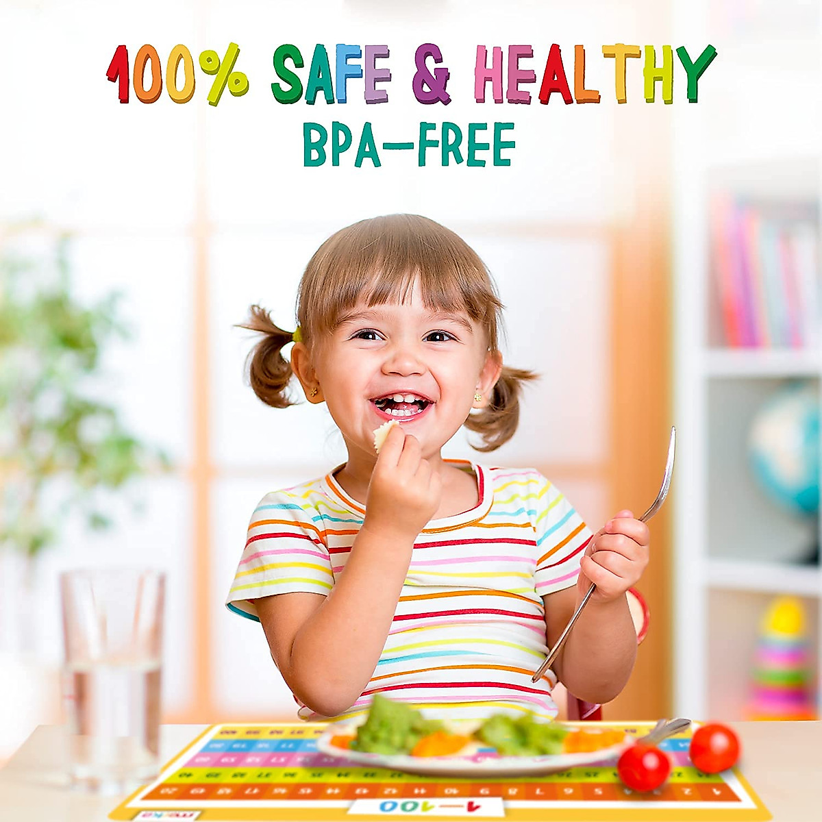 merka Kids Placemat, 4 Pack Toddler Educational Placemats 17x11 in, for Dining Table Features Days of The Week, Numbers 1-100, Months Opposites, Silicone Reusable Wipeable Mats