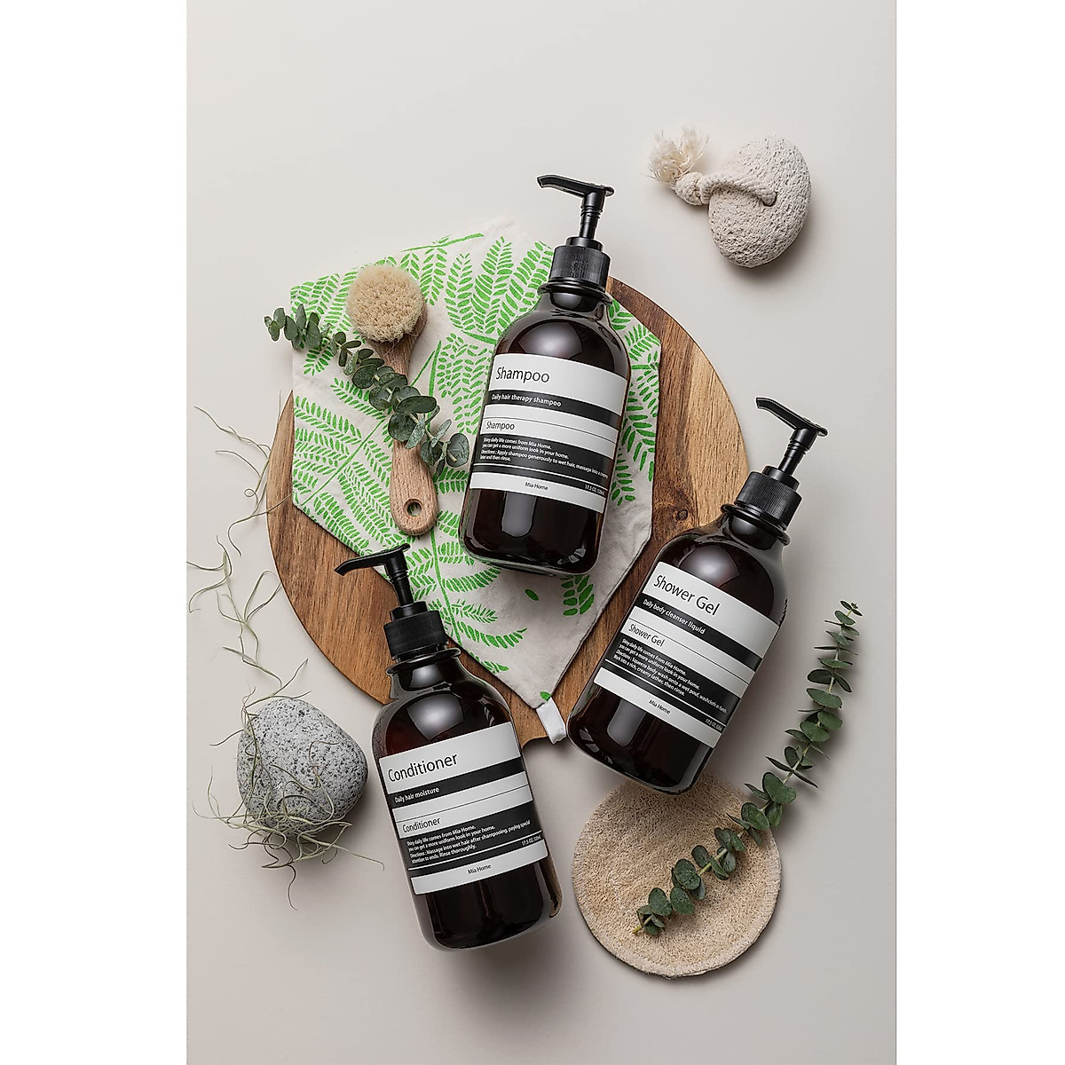 Mia home - 17.5 oz Refillable Empty Amber PET Plastic Bottle Set - 3 Bottles only with Labels, Shampoo & Conditioner & Shower Gel, Silcone Funnel