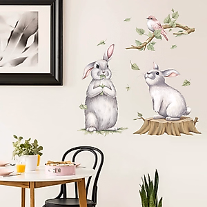 NOA 2 Cute Rabbit Wall Stickers with Bird On The Branches Decals, Removable Cartoon Animal Bunny 3D Vinyl Wallpaper Decor, DIY Art Mural for Nursery Baby Bedroom Living Room
